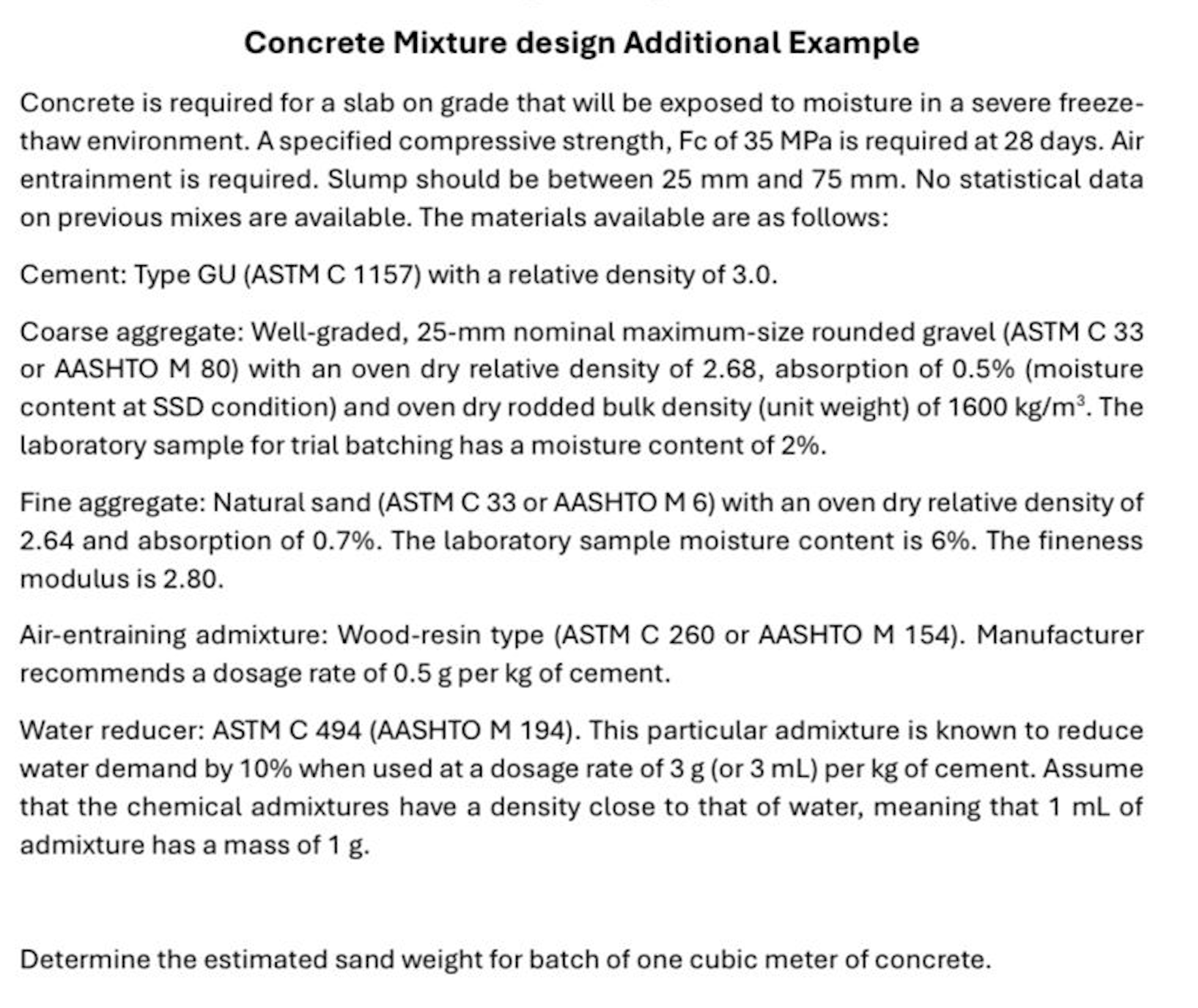 Solved Concrete Mixture design Additional Example Concrete | Chegg.com