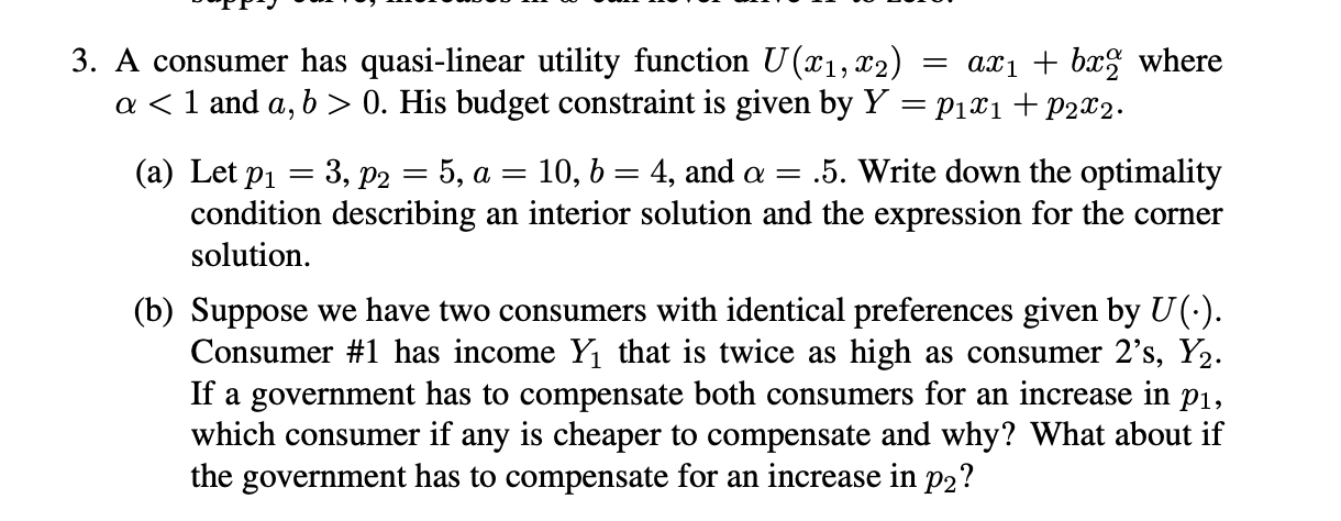 Solved 3. A consumer has quasi-linear utility function U(x1, | Chegg.com