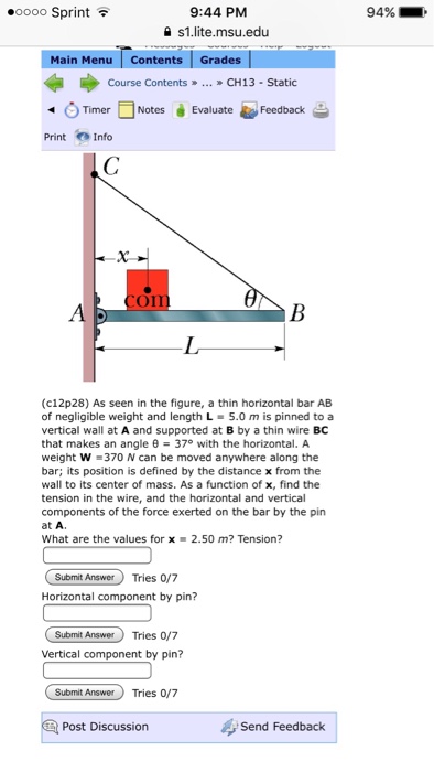 Solved As seen in the figure, a thin horizontal bar AB of | Chegg.com
