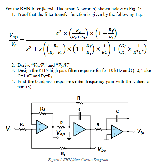 Solved For the KHN filter (Kerwin-Huelsman-Newcomb) shown | Chegg.com