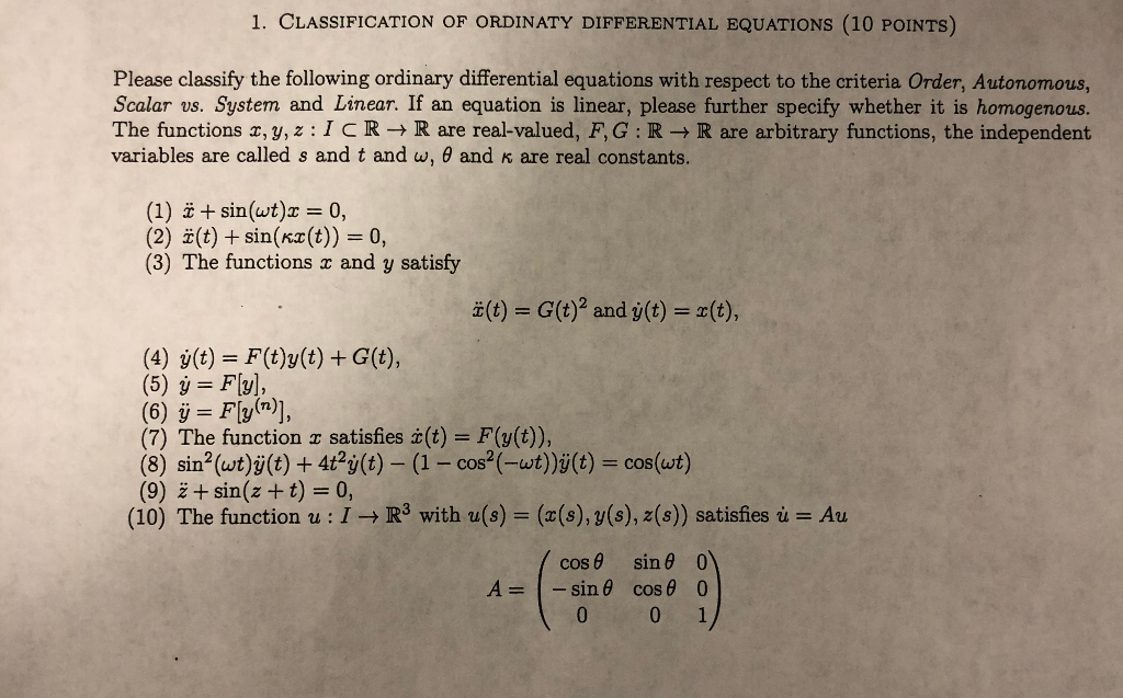 Solved 1. CLASSIFICATION OF ORDINATY DIFFERENTIAL EQUATIONS | Chegg.com