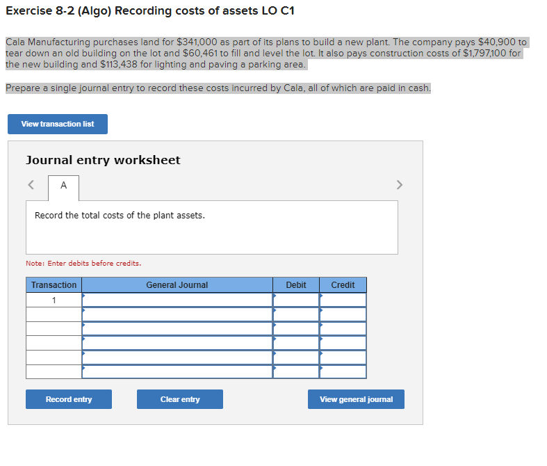 Solved Exercise 8-2 (Algo) Recording costs of assets LO C1 | Chegg.com