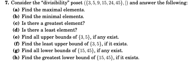 Solved 7. Consider the "divisibility" poset ({3,5,9,15,24, | Chegg.com