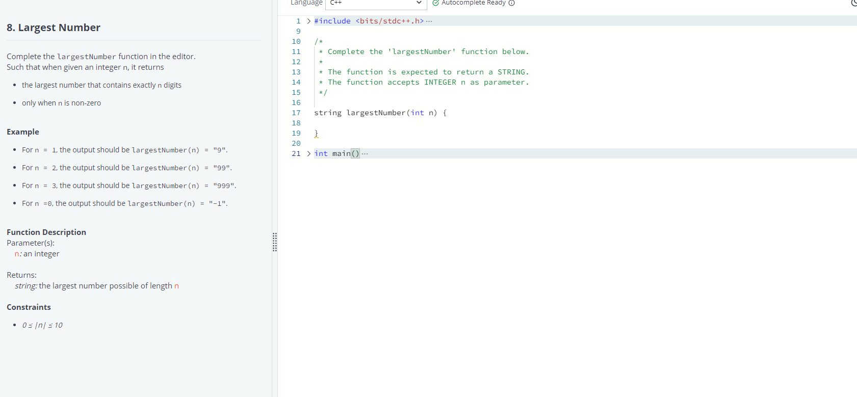 Solved Language C++ Autocomplete Ready O 8. Largest Number | Chegg.com