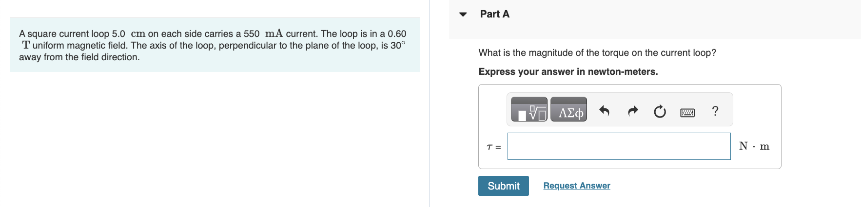 Solved A square current loop 5.0 cm on each side carries a | Chegg.com