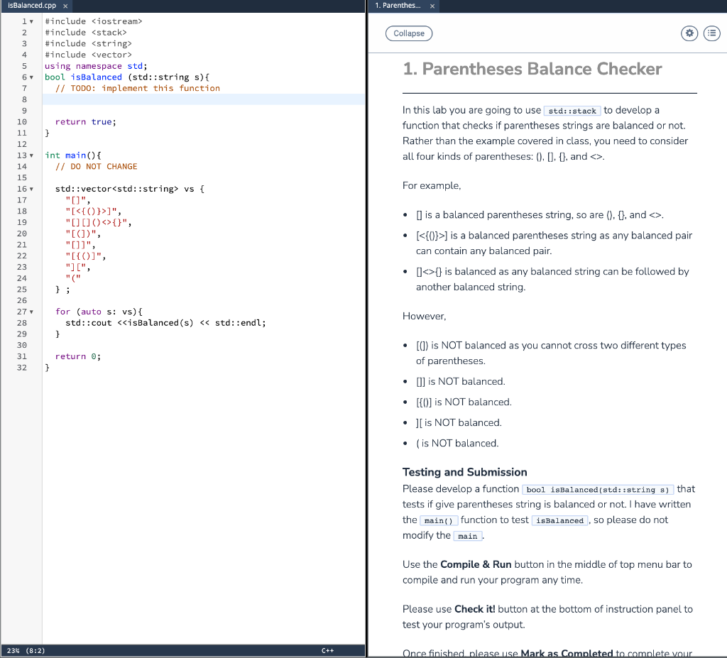 Solved 1. Parenthes... X Collapse 1. Parentheses Balance | Chegg.com