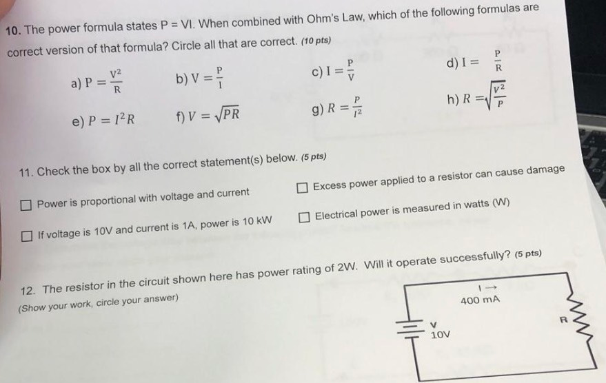 Solved 10. The power formula states P VI. When combined with | Chegg.com