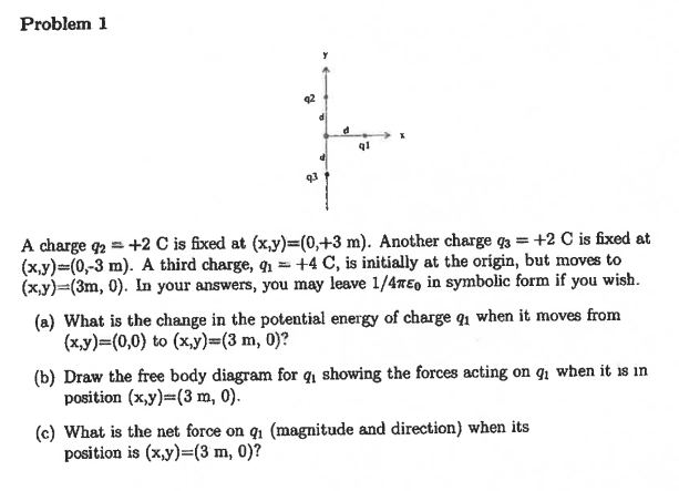 Solved Problem 1A charge q2=+2C ﻿is fixed at (x,y)=(0,+3m). | Chegg.com