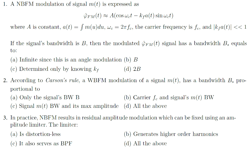 Solved 1. A NBFM modulation of signal m(t) is expressed as | Chegg.com