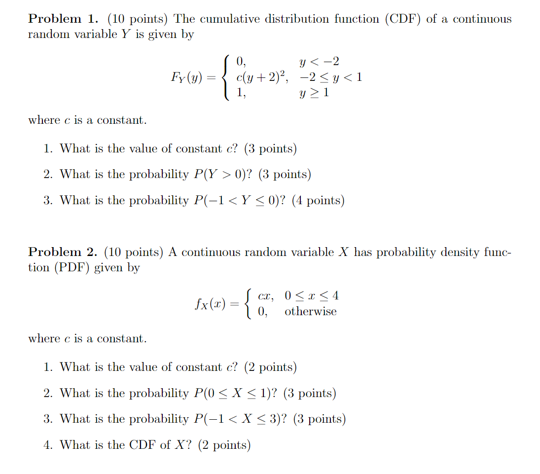 Solved Problem 1. (10 points) The cumulative distribution | Chegg.com