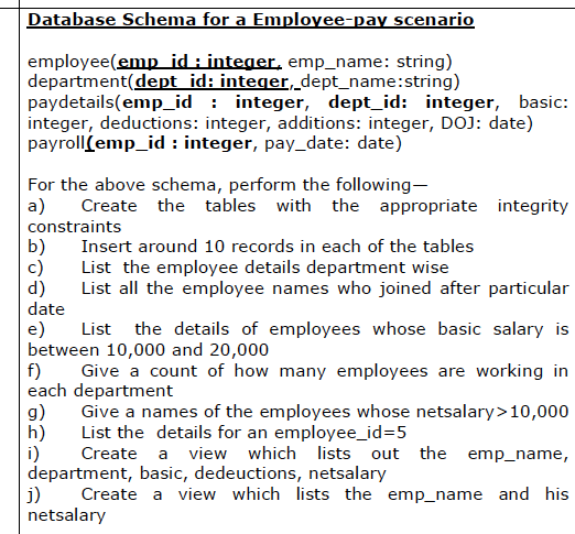 Solved Database Schema for a Employee-pay scenario a) b) | Chegg.com