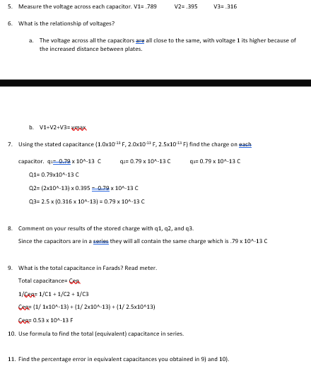 Solved 5. Measure the voltage across each capacitor. V1= 789 | Chegg.com