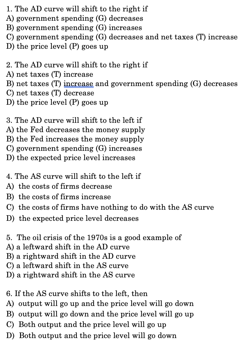 Solved 1. The AD curve will shift to the right if A) | Chegg.com
