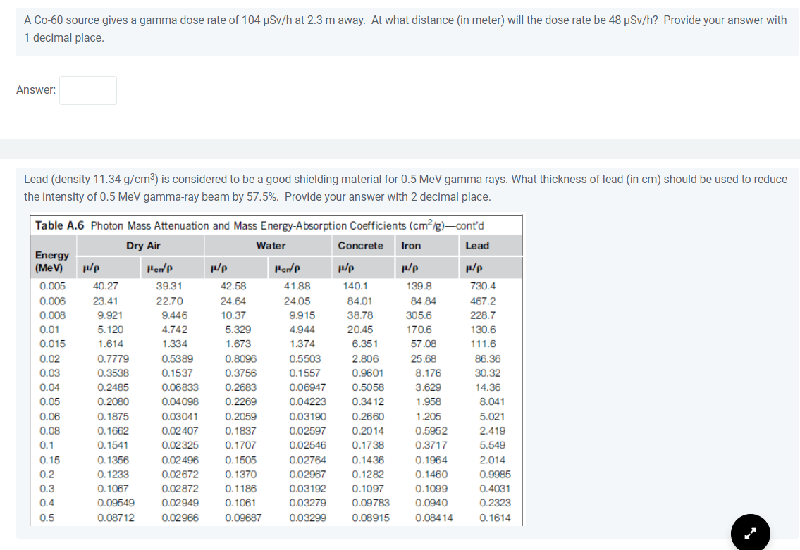 A Co-60 source gives a gamma dose rate of 104μSv/h at | Chegg.com