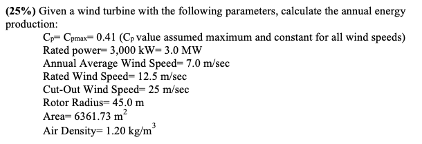 Solved (25%) Given a wind turbine with the following | Chegg.com