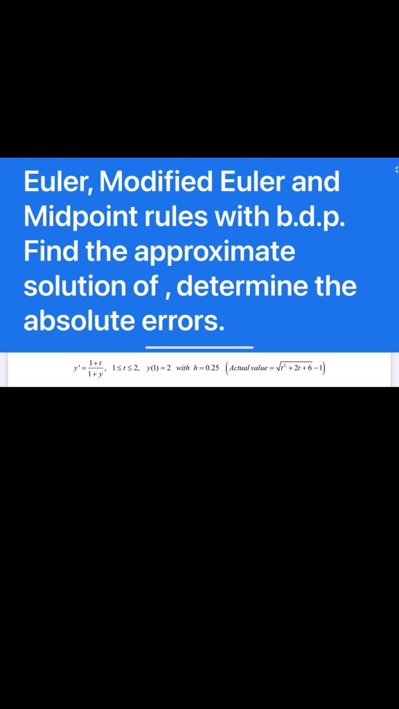 Solved Euler, Modified Euler and Midpoint rules with b.d.p. | Chegg.com