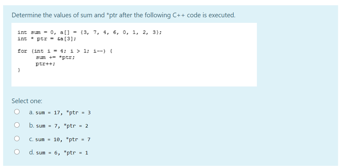 Solved Determine the values of sum and *ptr after the | Chegg.com