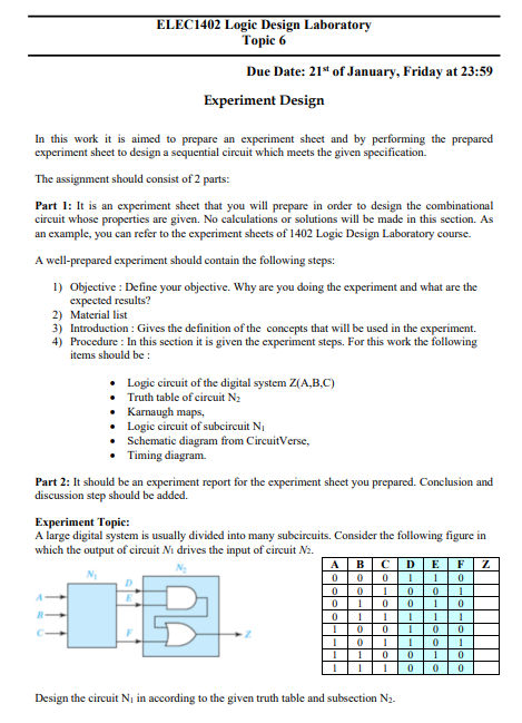Solved ELEC1402 Logic Design Laboratory Topic 6 Due Date: | Chegg.com