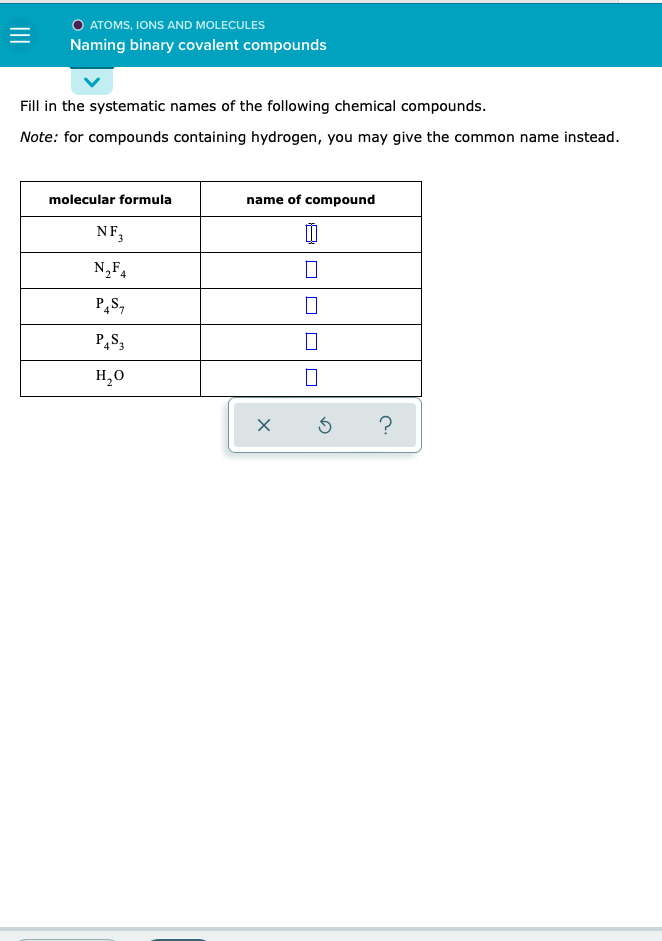 Solved E O ATOMS, IONS AND MOLECULES Naming binary covalent | Chegg.com
