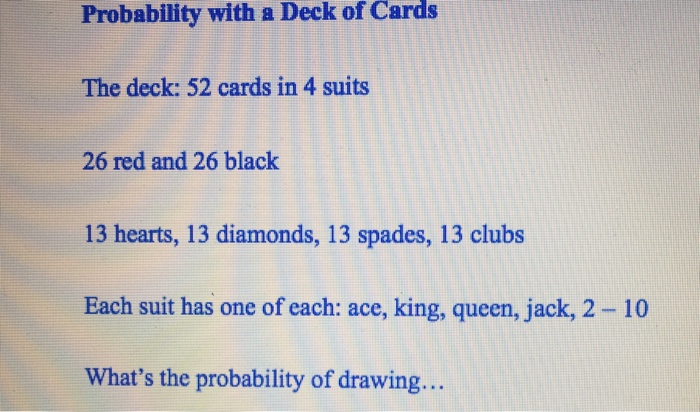 Solved Probability with a Deck of Cards The deck: 52 cards | Chegg.com