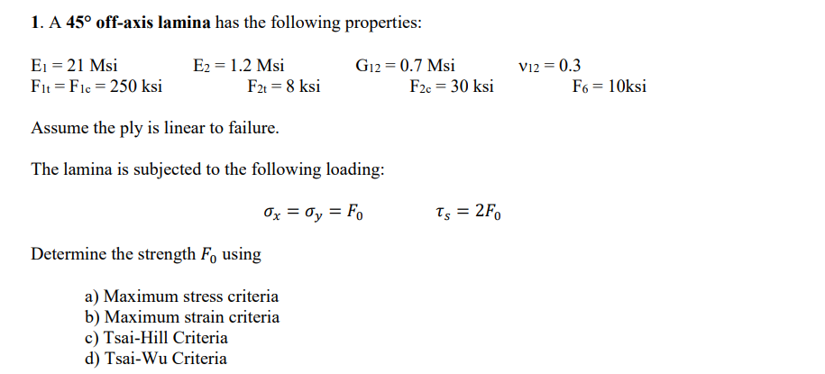 Solved 1. A 45∘ off-axis lamina has the following | Chegg.com