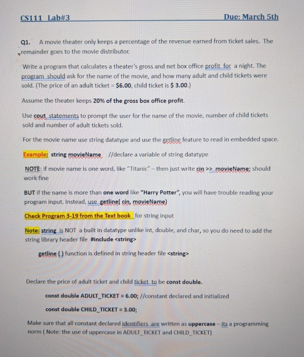 Solved CS111 Lab#3 Due: March 5th Q1. A movie theater only | Chegg.com