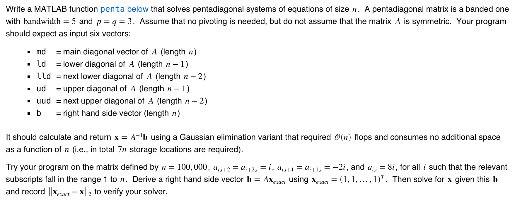 Write a MATLAB function penta below that solves | Chegg.com