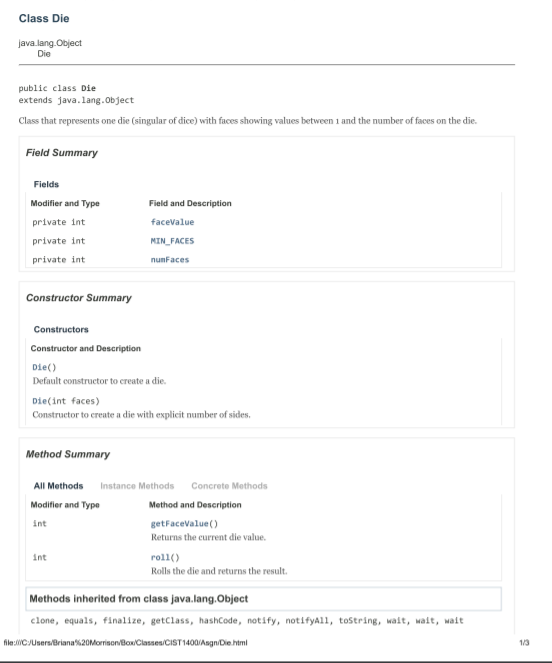 Class Die java.lang. Object Die public class Die | Chegg.com