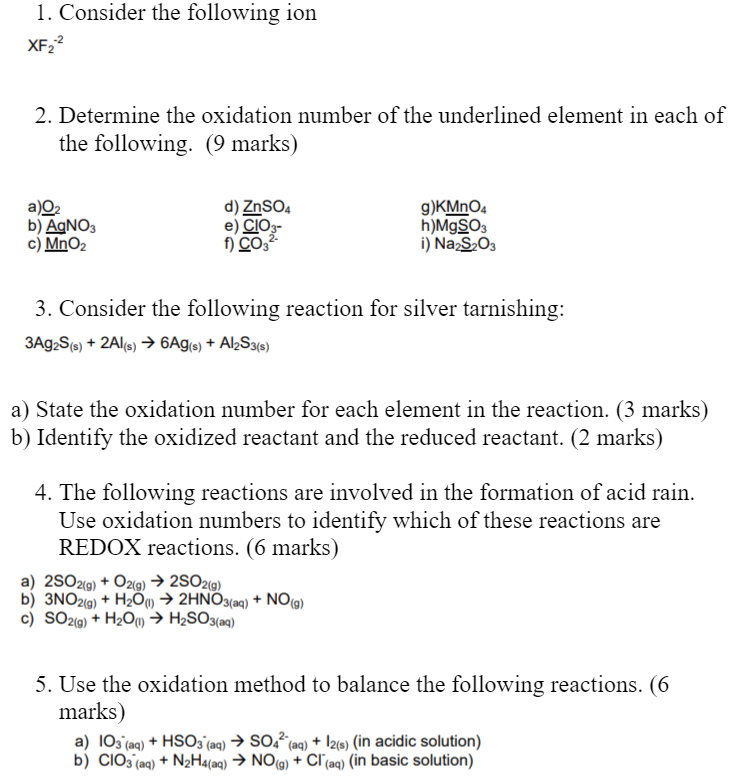 Solved 2. Assign oxidation numbers to each atom in | Chegg.com