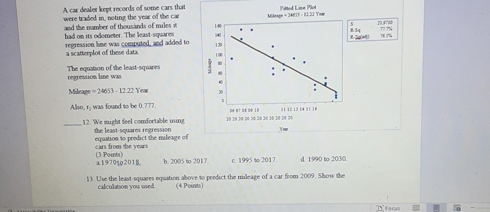 Solved Fitted Line Plot Mileage = 24653 - 12.22 Year 21.9710 | Chegg.com