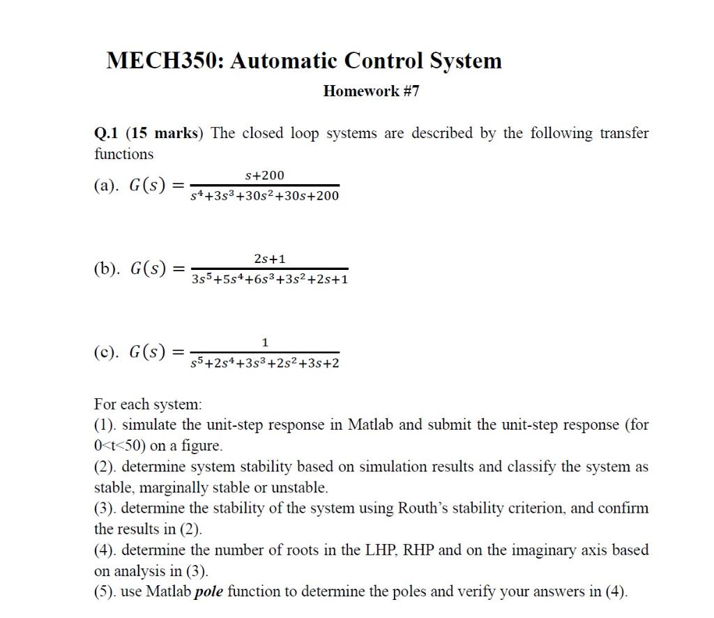 Solved MECH350: Automatic Control System Homework #7 Q.1 (15 | Chegg.com