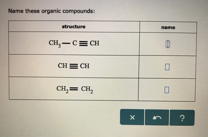 Solved Name these organic compounds: structure name CH3-C-CH | Chegg.com