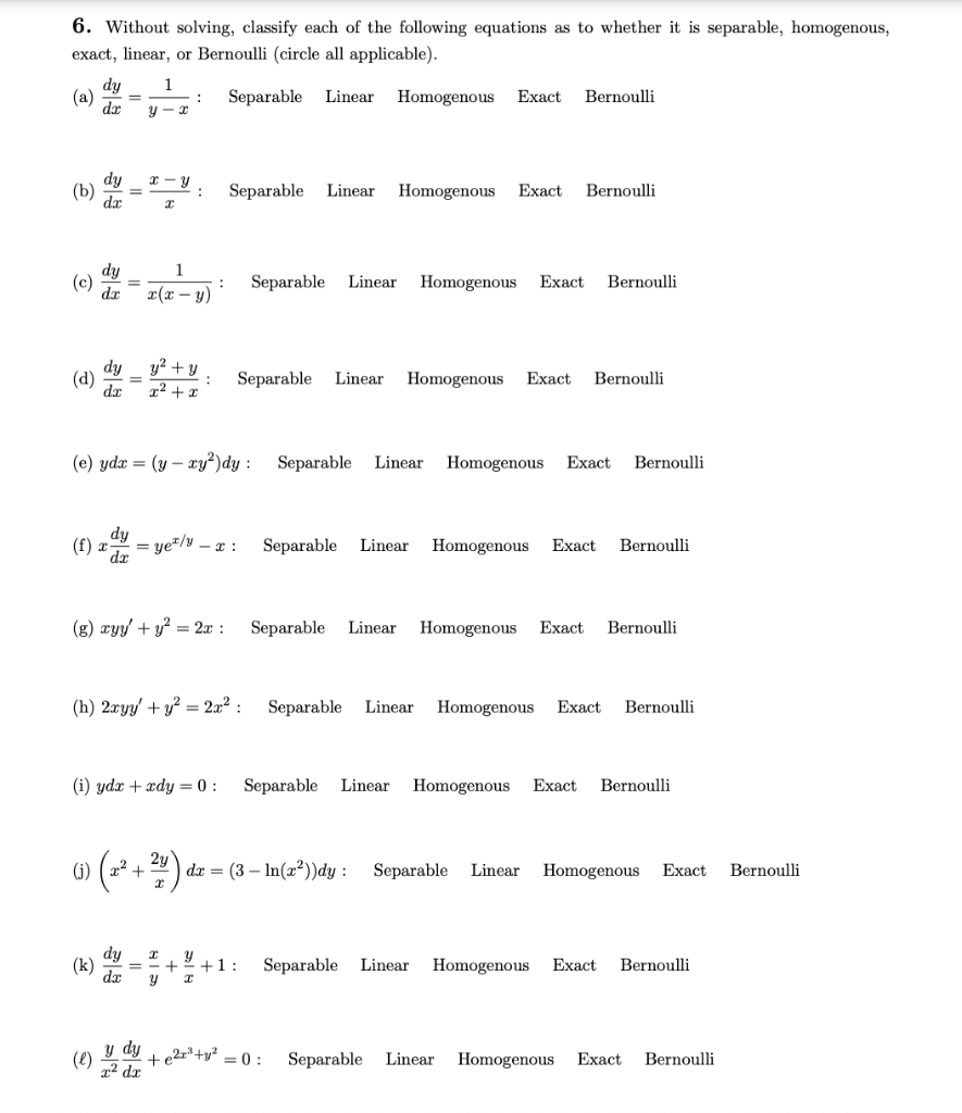 Solved 6. Without solving, classify each of the following | Chegg.com