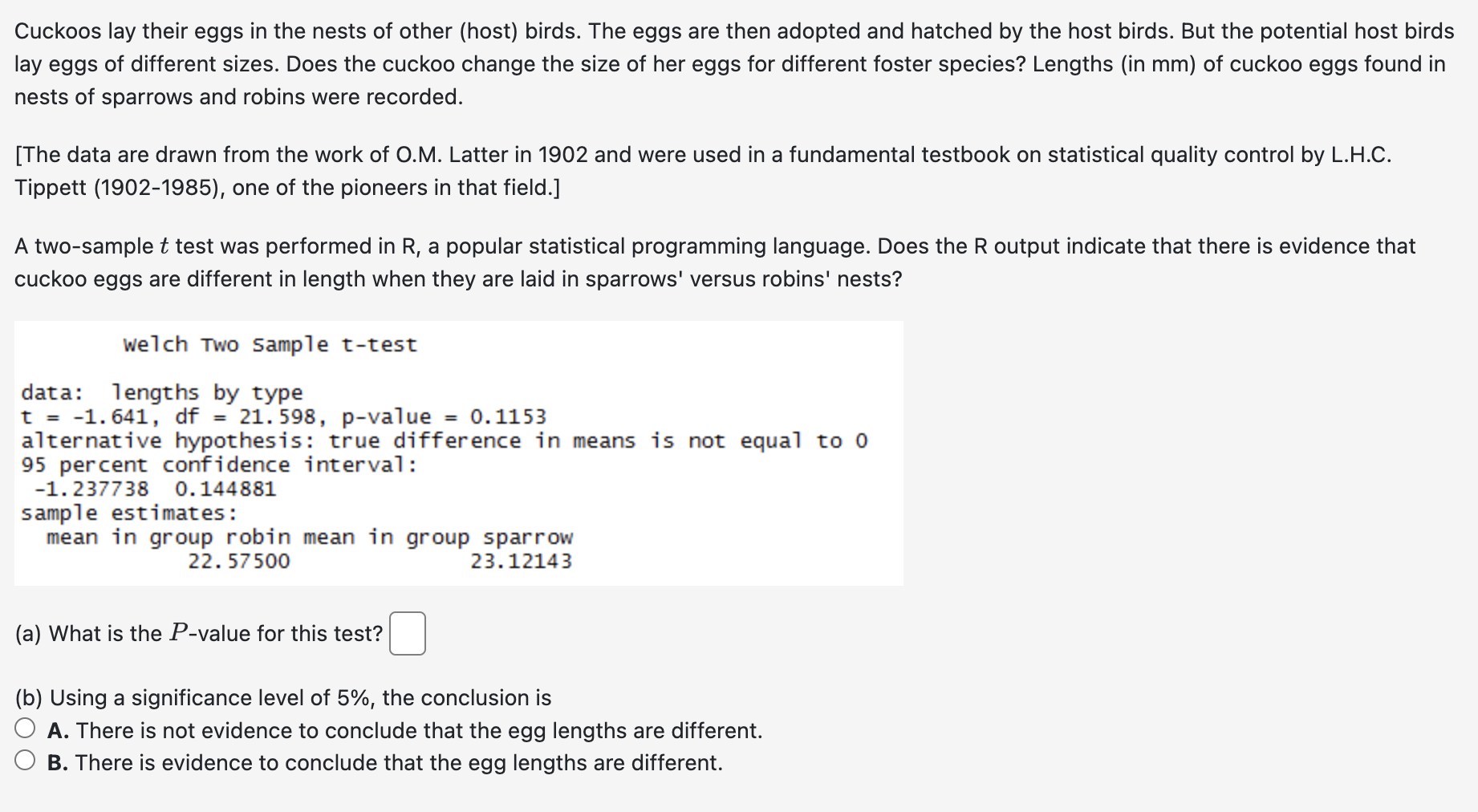 Solved A two-sample t test was performed to determine if the | Chegg.com