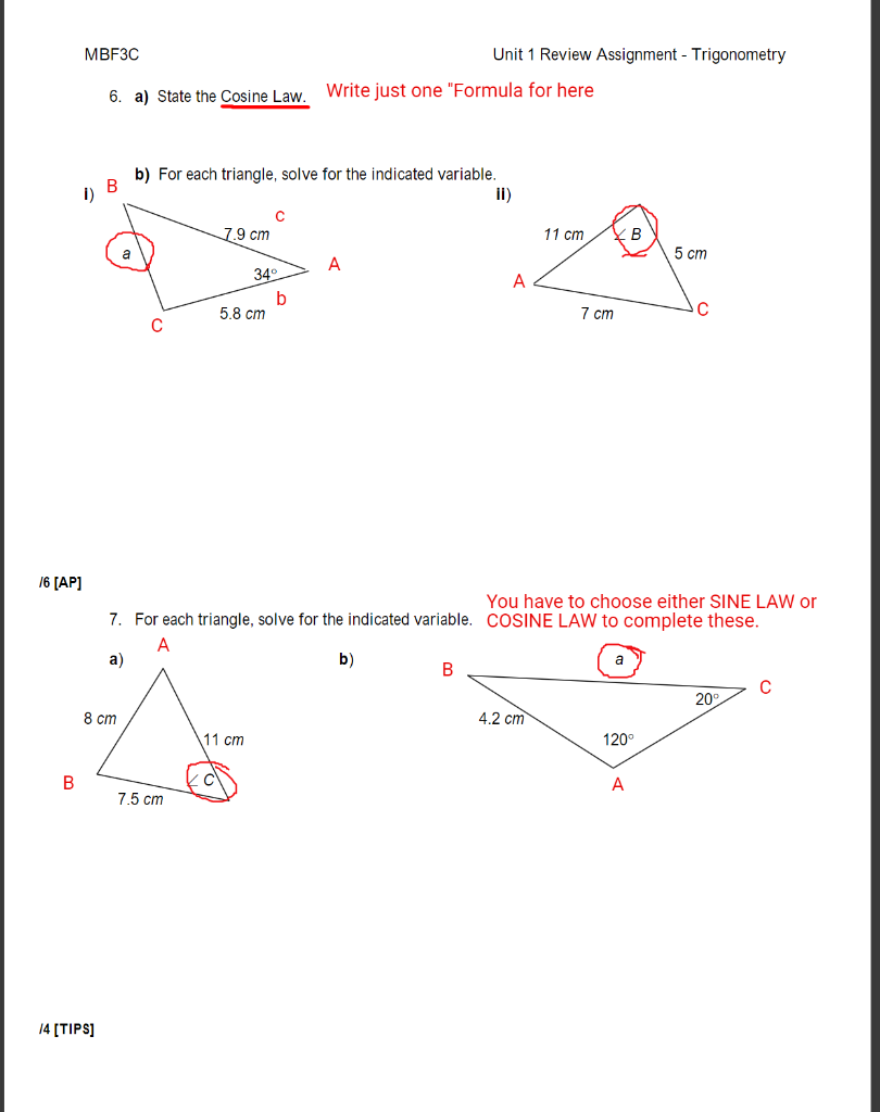 Solved MBF3C Unit 1 Review Assignment - Trigonometry 6. a) | Chegg.com
