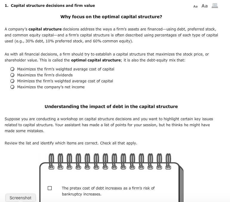 Solved 1. Capital structure decisions and firm value Aa Aa E | Chegg.com