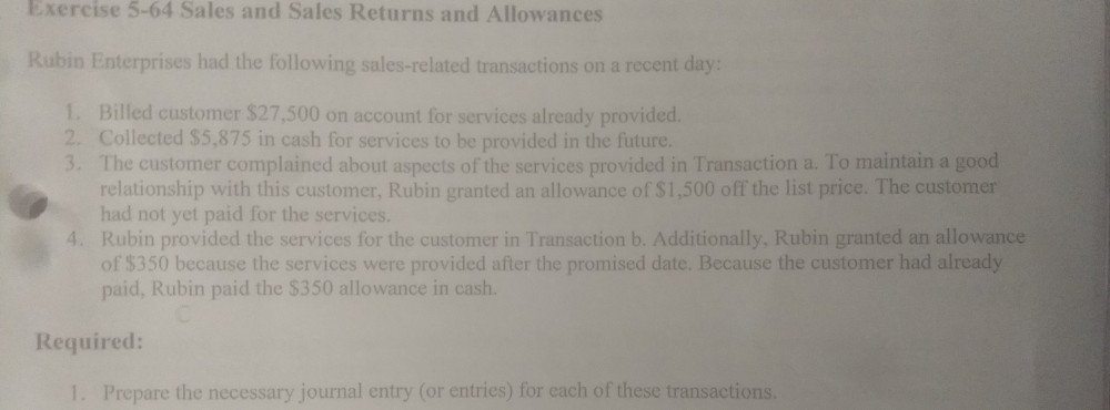 Solved Exercise 5-64 Sales and Sales Returns and Allowances | Chegg.com