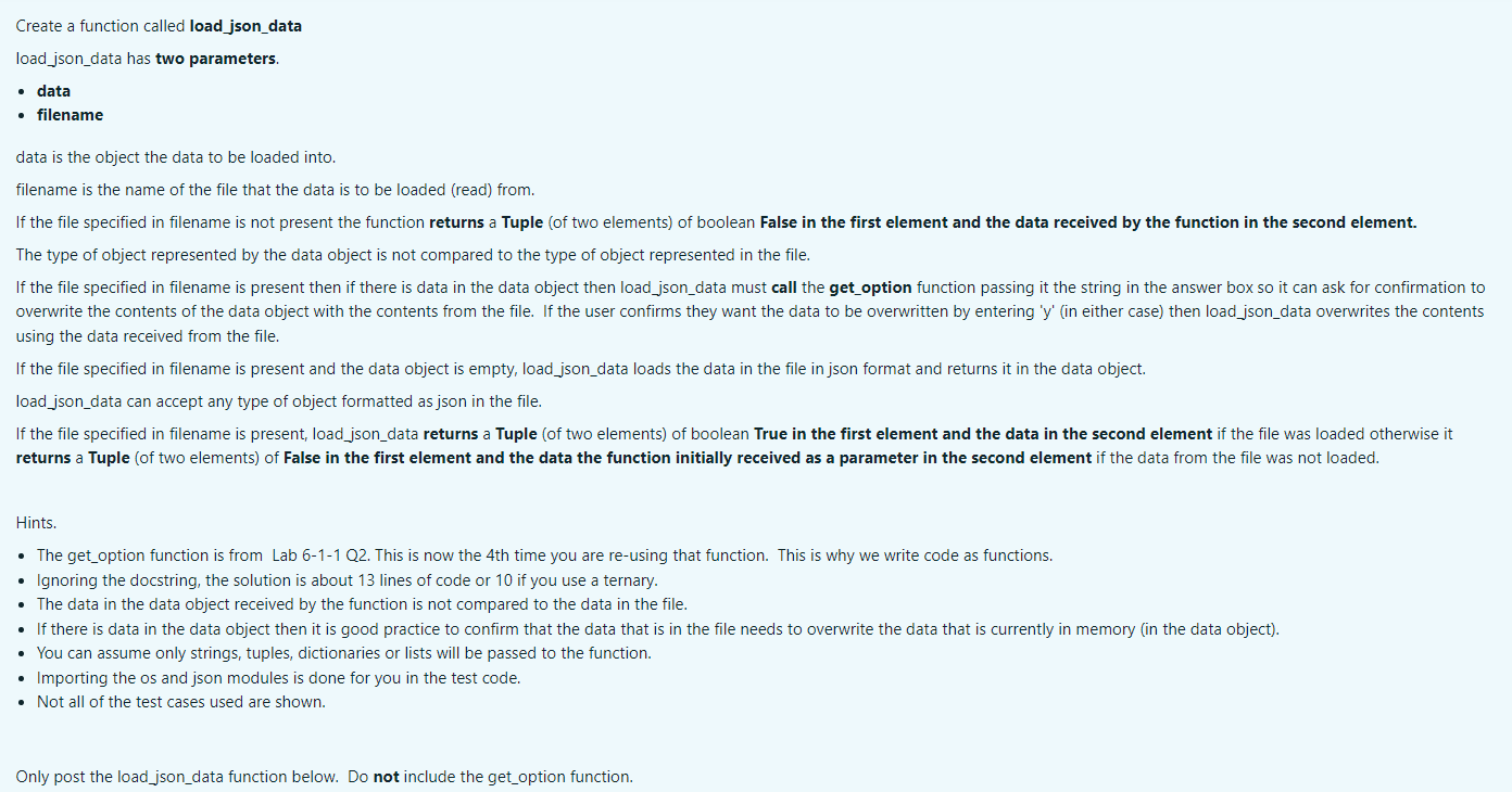 Create a function called load_json_data | Chegg.com