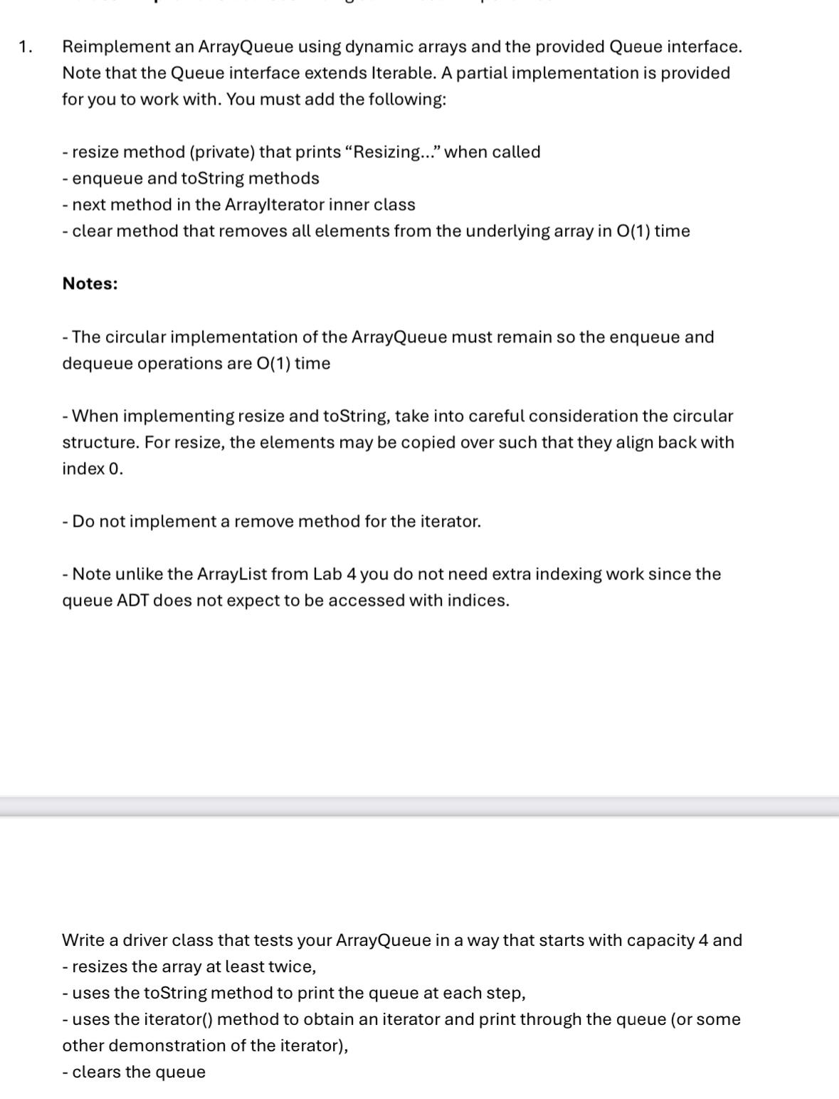 Solved Reimplement an ArrayQueue using dynamic arrays and | Chegg.com