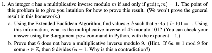 Solved 1. An integer c has a multiplicative inverse modulo m | Chegg.com