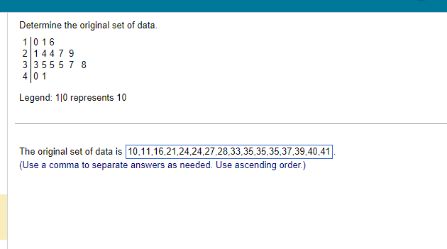 Solved Determine the original set of data.Legend: 1|0 | Chegg.com