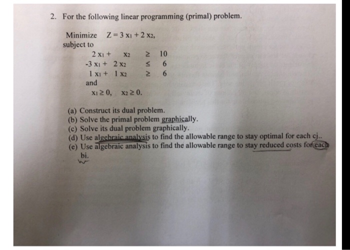 Solved 2. For the following linear programming (primal) | Chegg.com
