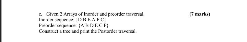 Solved (7 marks) c. Given 2 Arrays of Inorder and preorder | Chegg.com