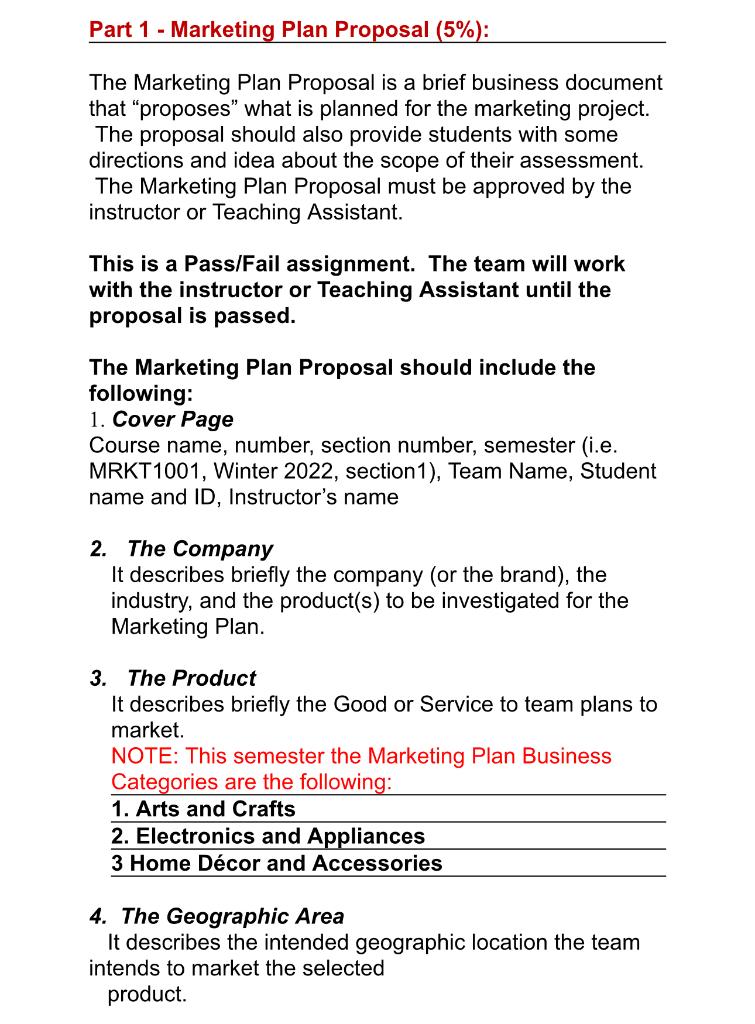 Solved Part 1 - Marketing Plan Proposal (5%) : The Marketing | Chegg.com