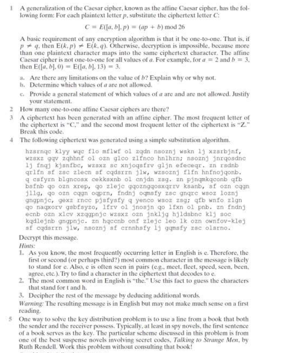Solved 1 A generalization of the Caesar cipher, known as the | Chegg.com