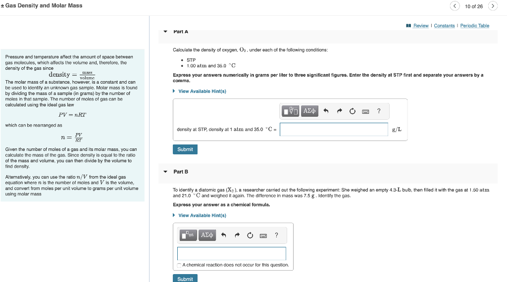 Solved \pm Gas Density and Molar Mass () 10 of 26 Review | | Chegg.com