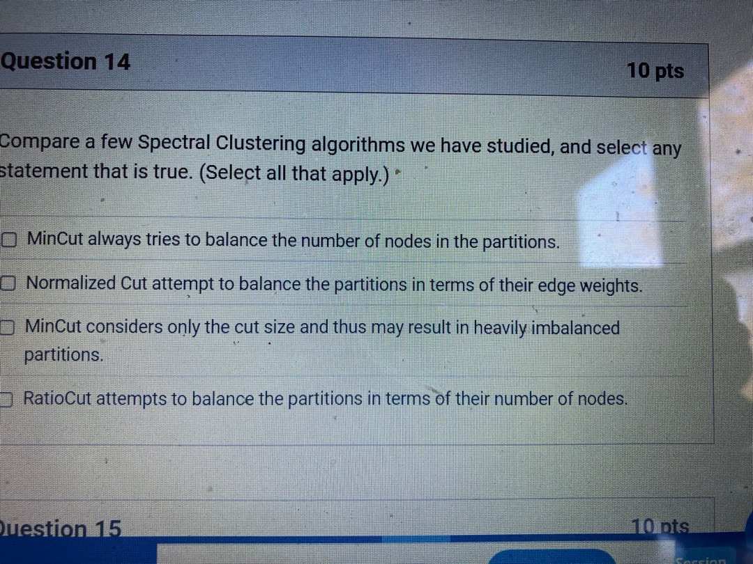 Solved Question 14Compare a few Spectral Clustering | Chegg.com