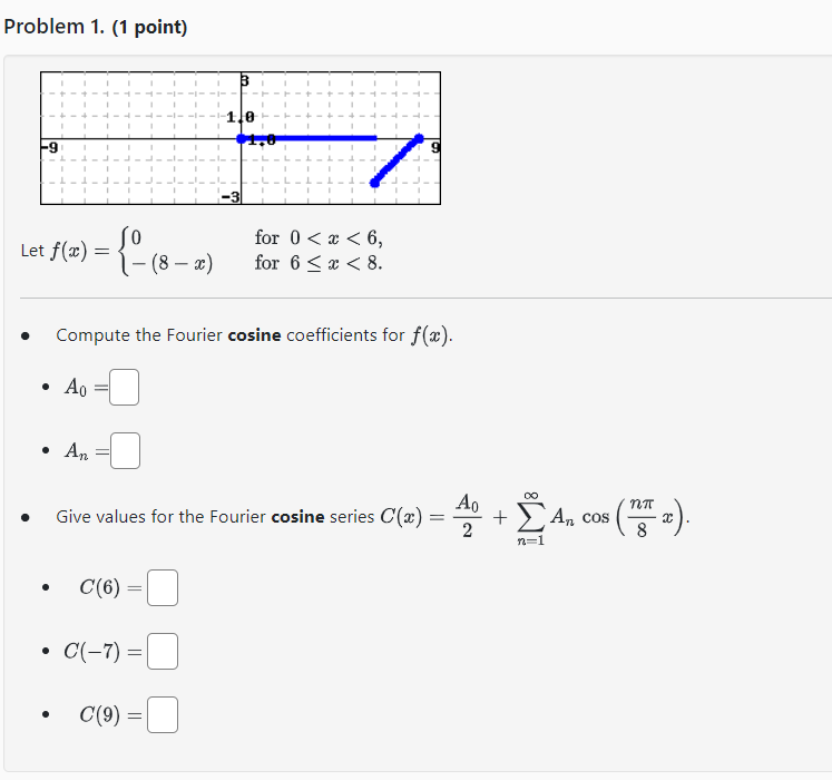 Solved Problem 1. (1 point) Let f(x)={0−(8−x) for 0 | Chegg.com