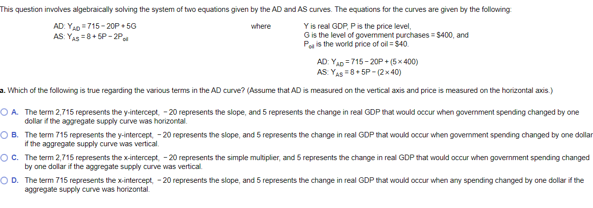Solved This question involves algebraically solving the | Chegg.com