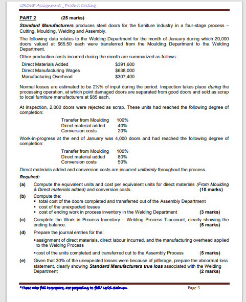 Solved GROUP Assignment_ ﻿Product CostingPART 2(25 | Chegg.com